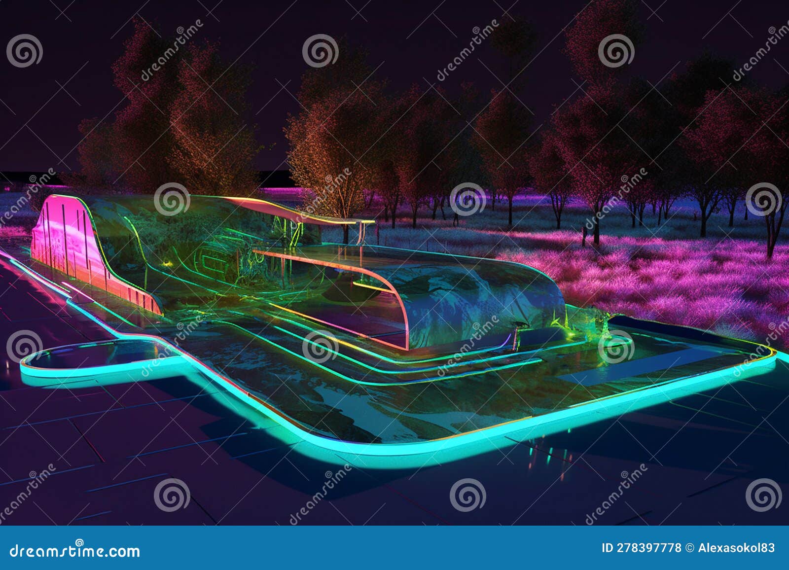 Neon Skatepark Foundation of Botanical Led-strips Cutaway-plan 3d Stock ...