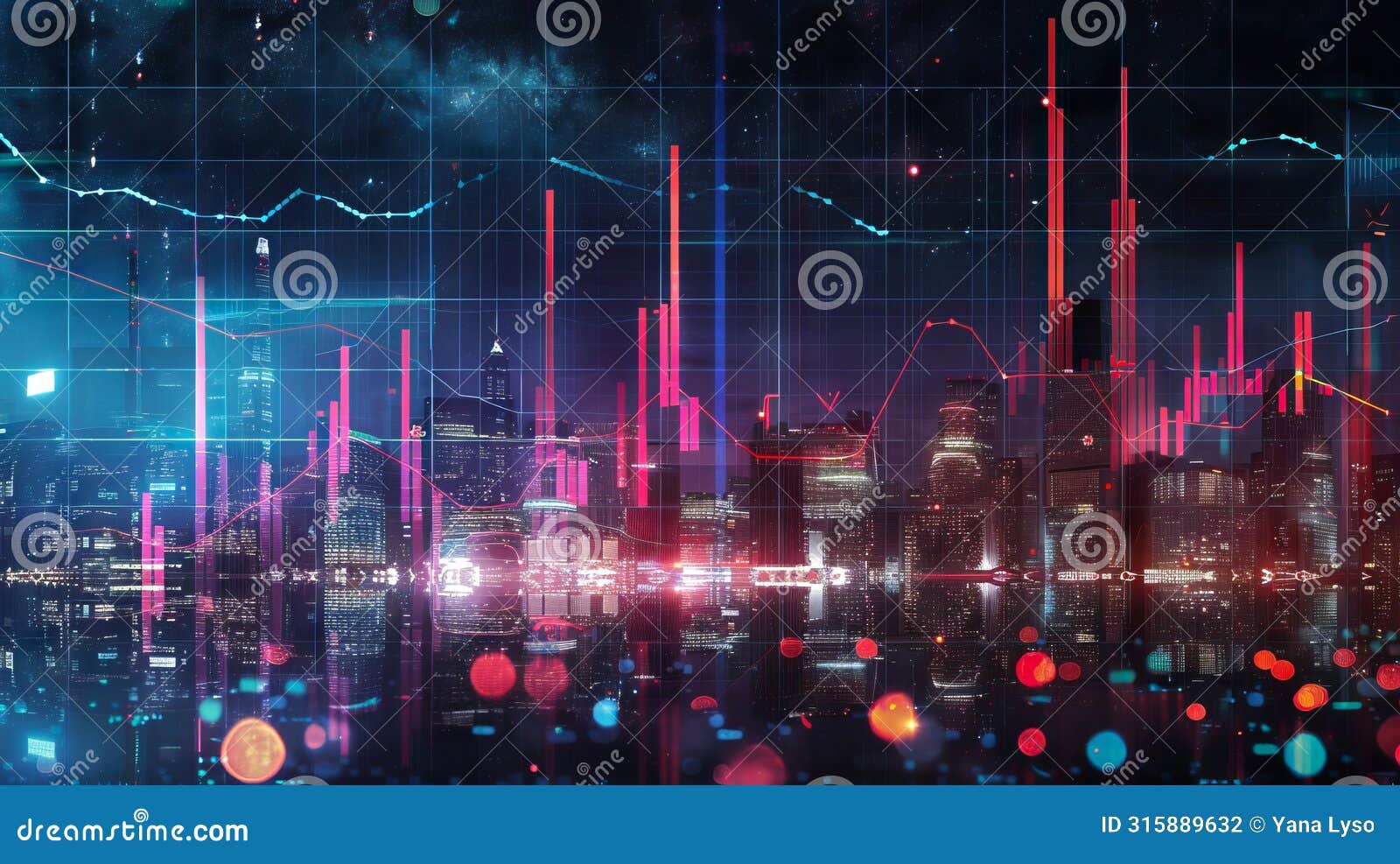 Neon Skyline and Data Analytics Visualization. Cityscape Bathed in ...