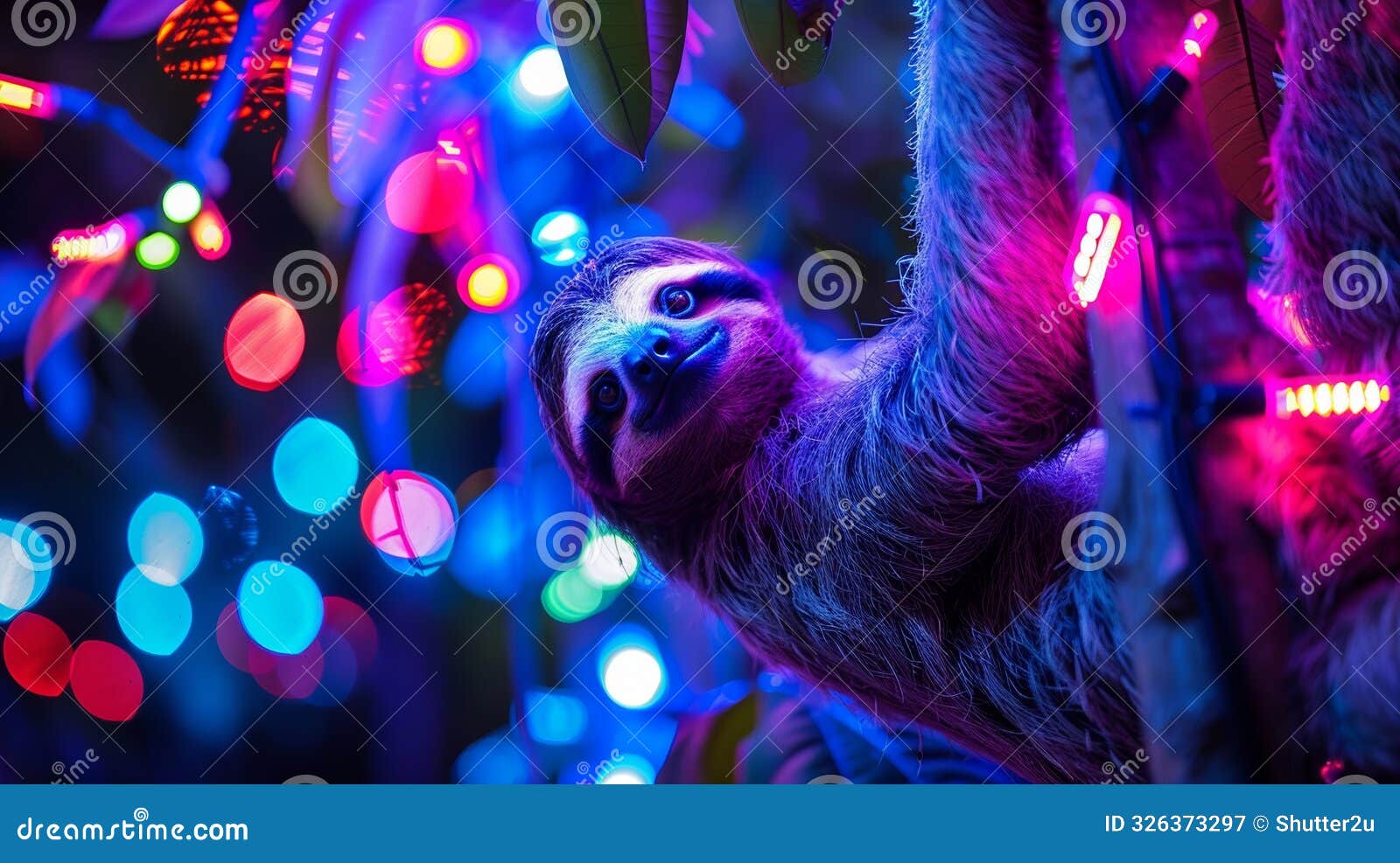 Neon Sloth Hanging from a Neon Lit Tree Stock Illustration ...