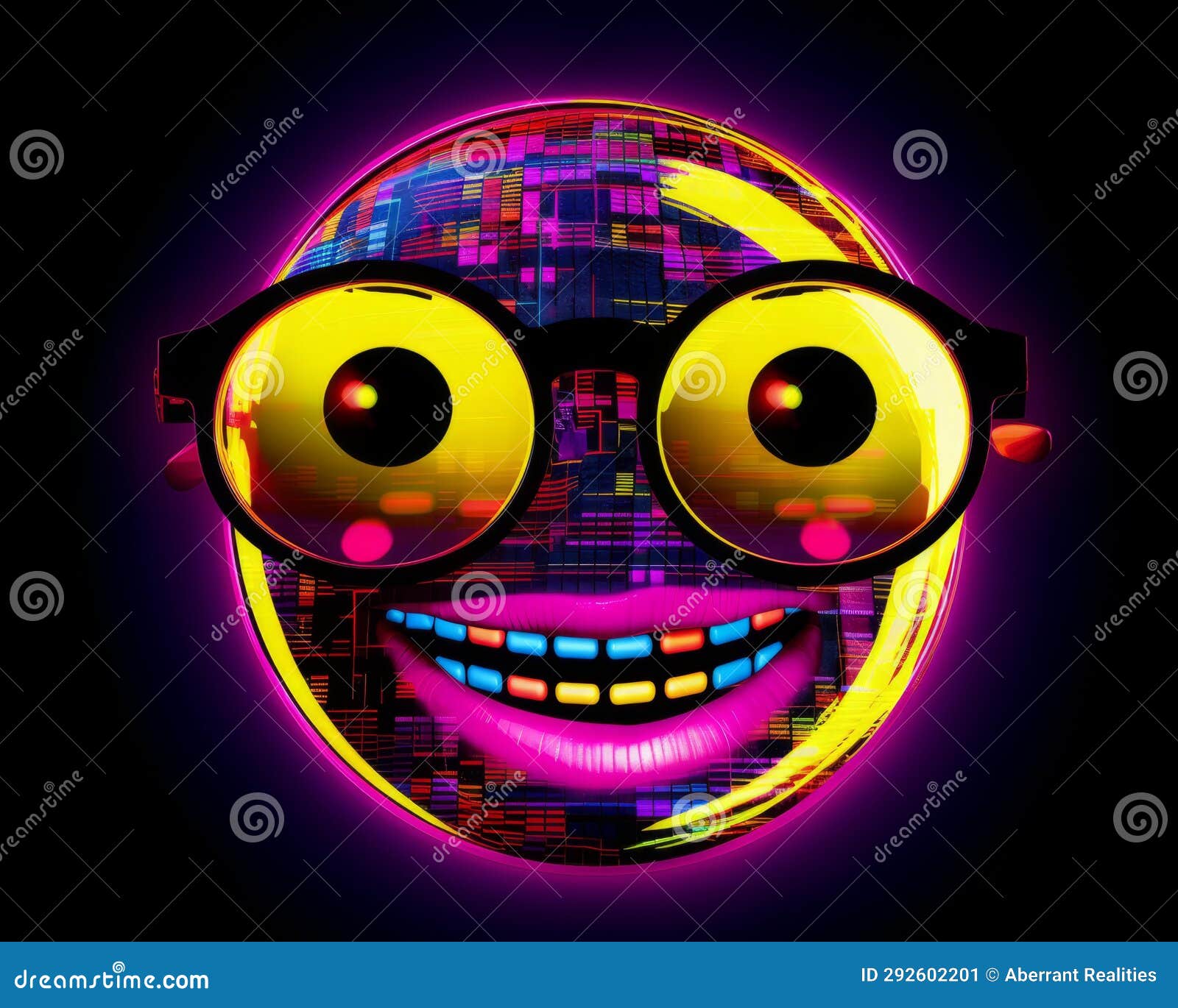 A Neon Smiley Face with Glasses on a Black Background Stock ...