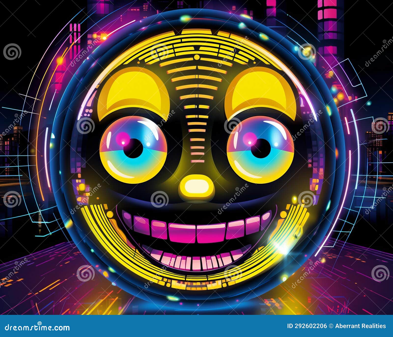 A Neon Smiley Face With Glowing Eyes On A Dark Background Stock ...