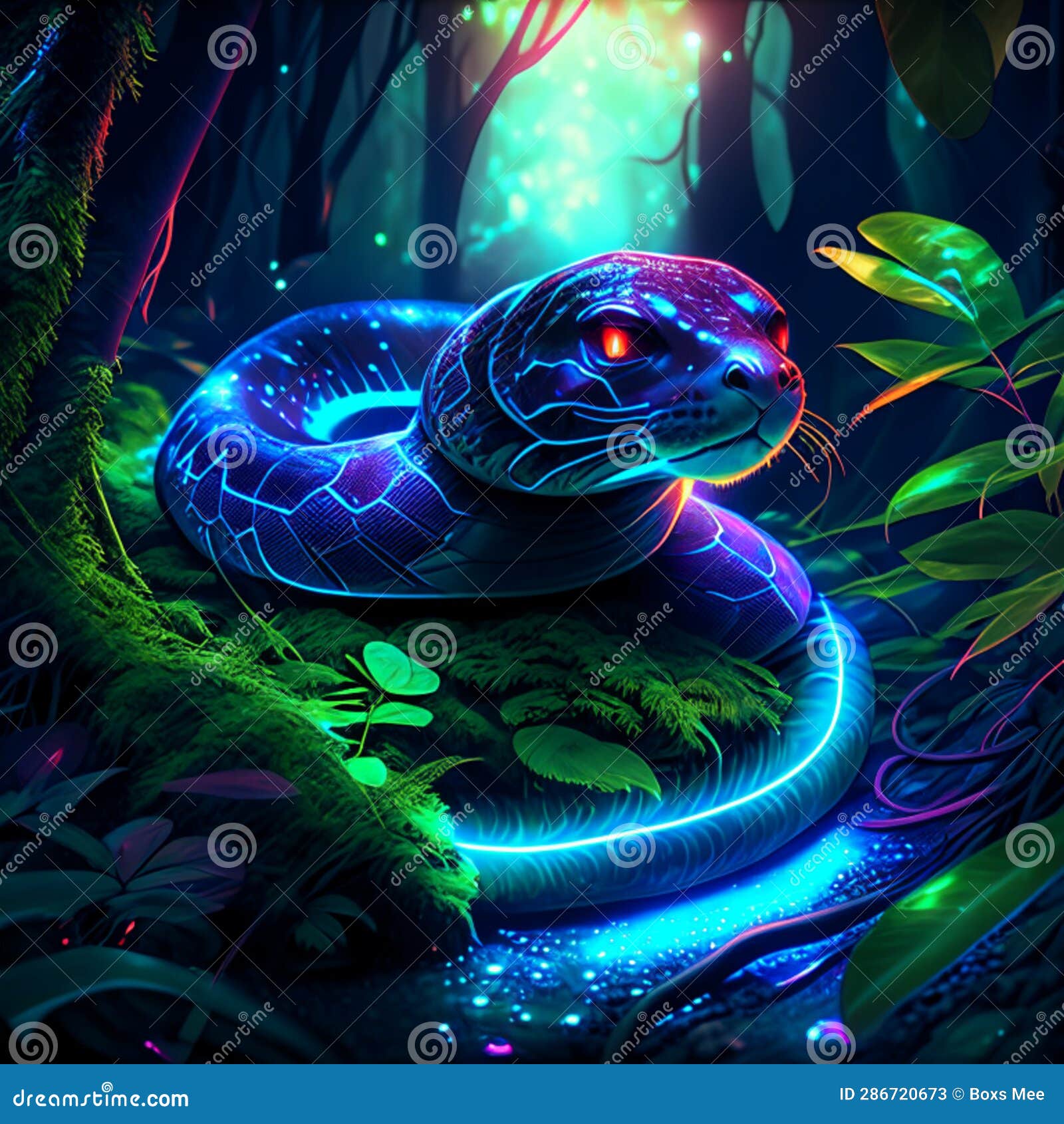 Neon Snake in the Dark Forest. 3d Rendering. Computer Digital Drawing ...