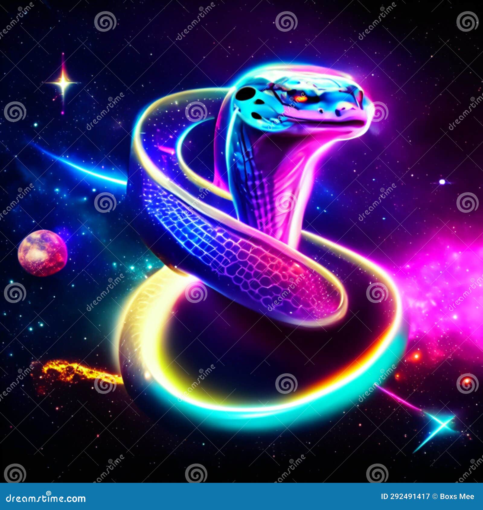 Neon Snake on Space Background. Vector Illustration in Neon Style Stock ...