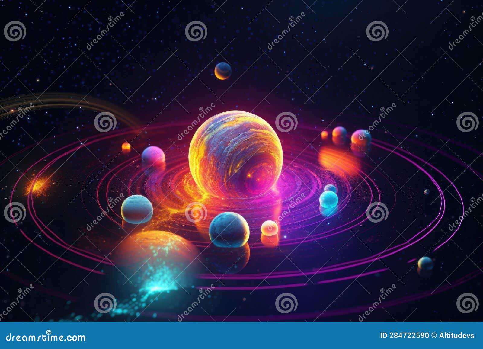 Neon Solar System with Planets and Stars in Space Stock Illustration ...