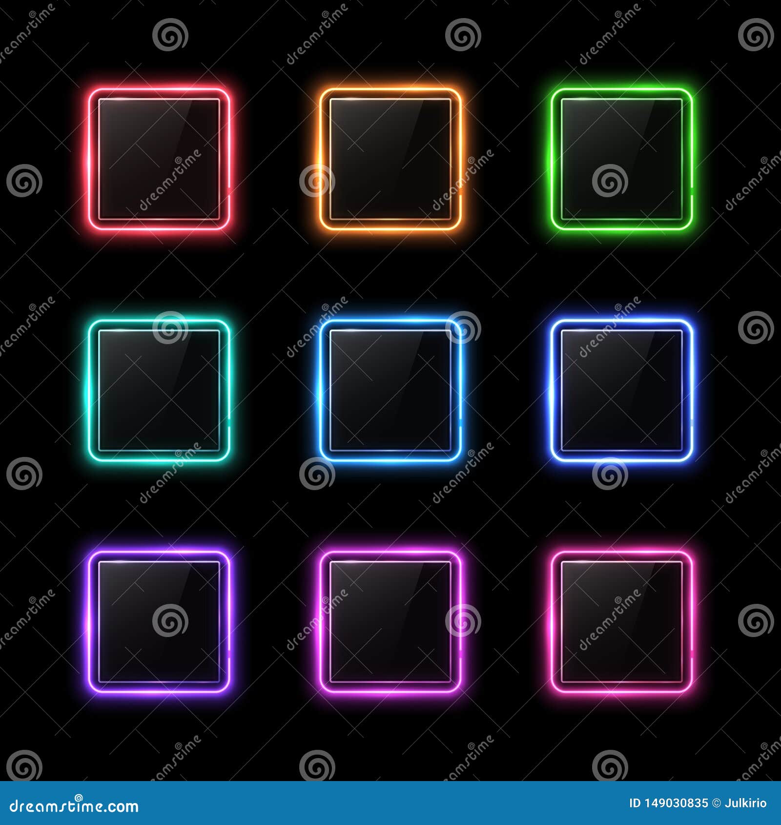 Neon Square Shape Frame Set with Glass Texture. Stock Vector ...