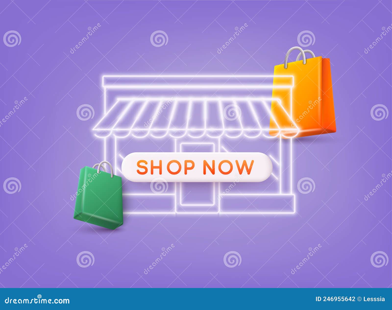 Neon Store Icon with Shopping Paper Bag. 3D Web Vector Illustrations ...