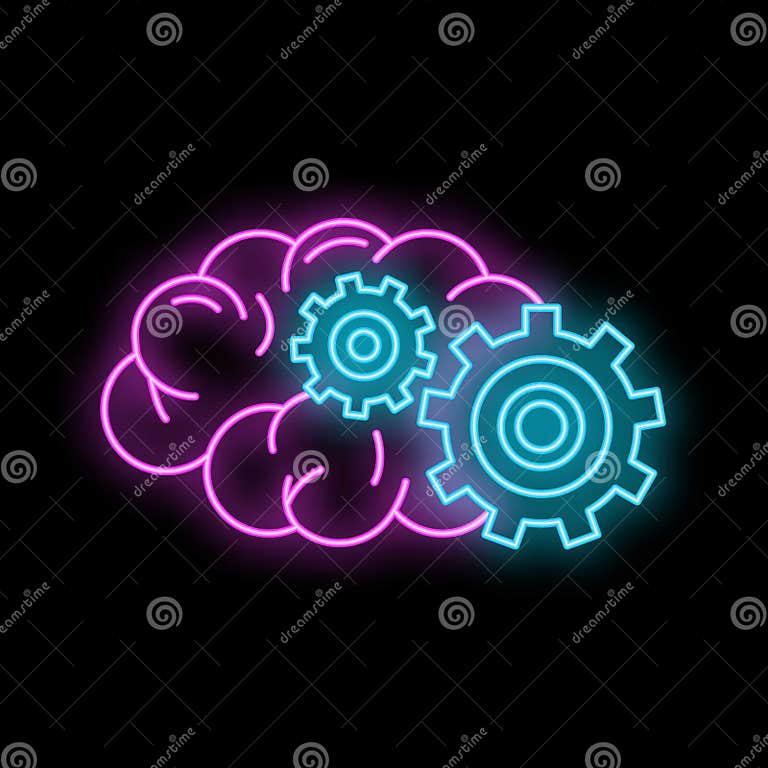 Neon Style Illustration of a Brain with Gears Representing Thinking ...