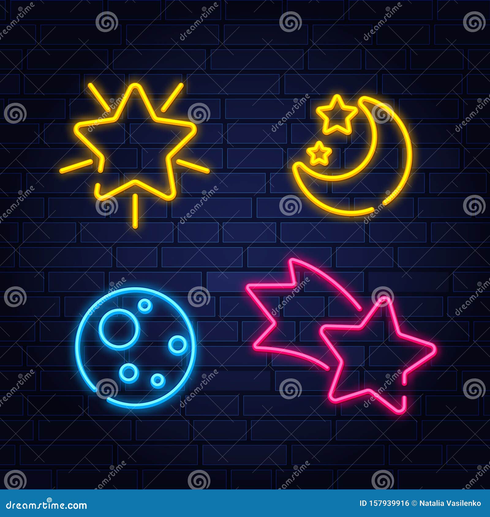 Neon Style Night Sleep Icon Set with Comet, Star and Moon. Stock Vector ...