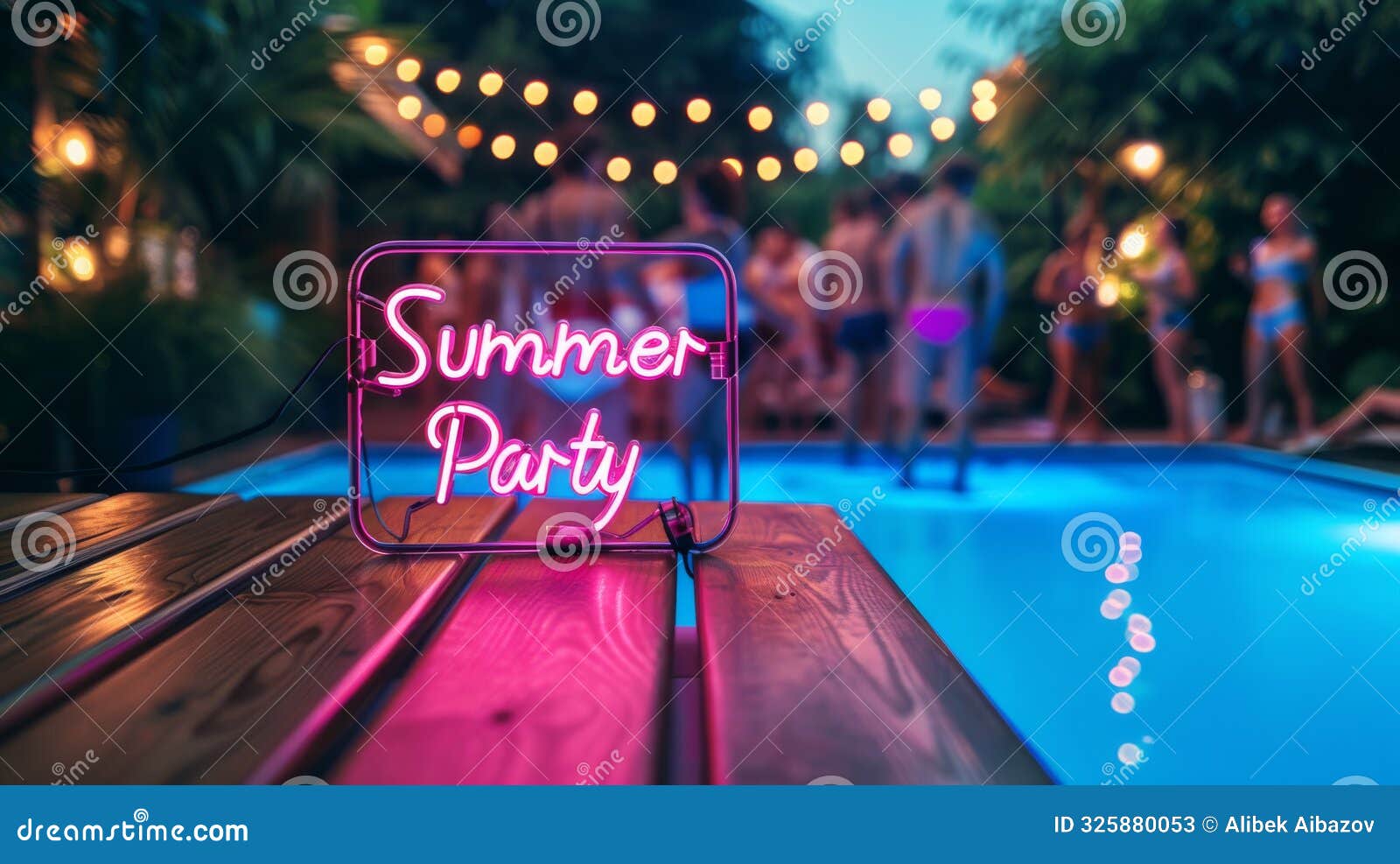 Neon Summer Party Sign by Pool with People and String Lights in Evening ...