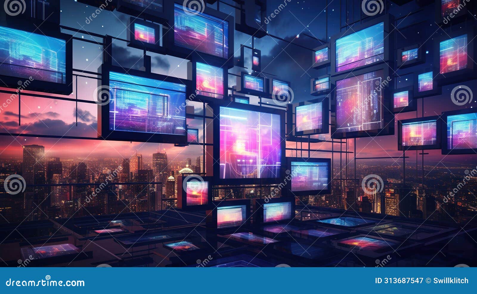 Neon Technology City Business Concept with Skyscraper Buildings and ...