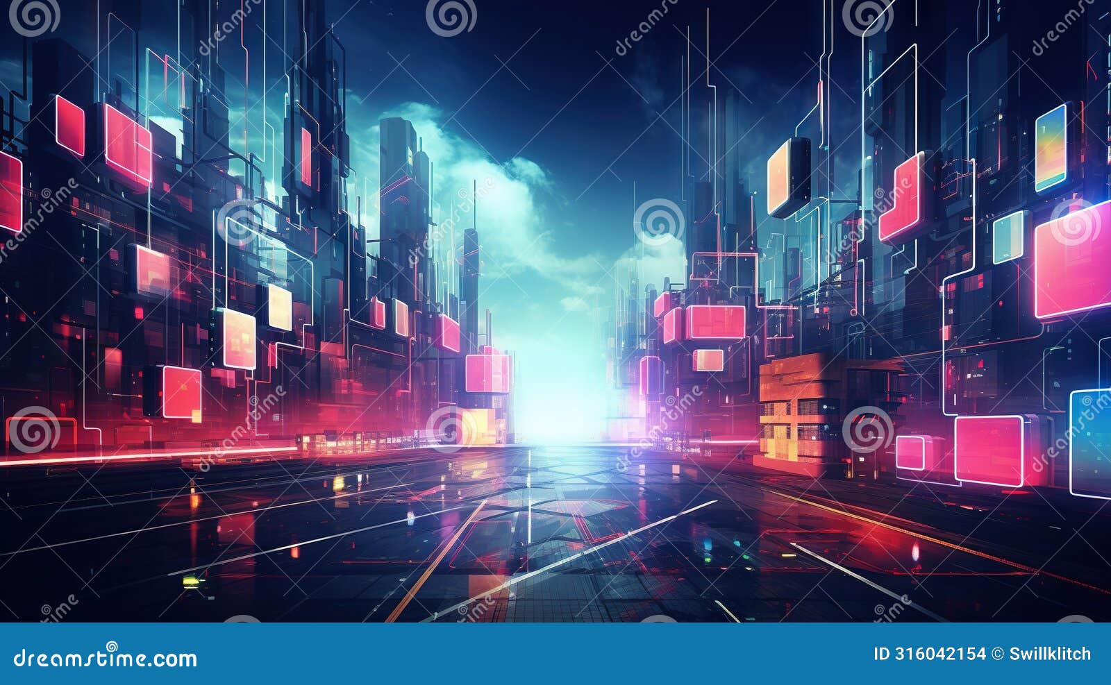 Neon Technology City Business Concept with Skyscraper Buildings and ...