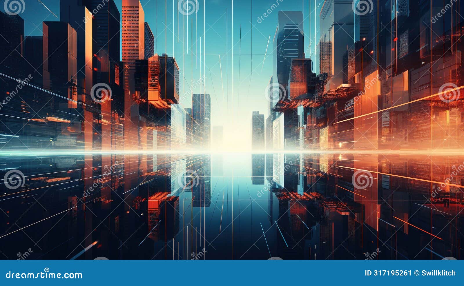 Neon Technology City Business Concept with Skyscraper Buildings and ...