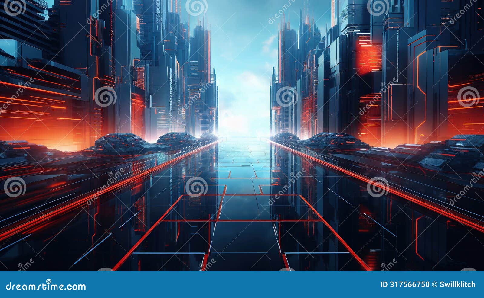 Neon Technology City Business Concept with Skyscraper Buildings and ...