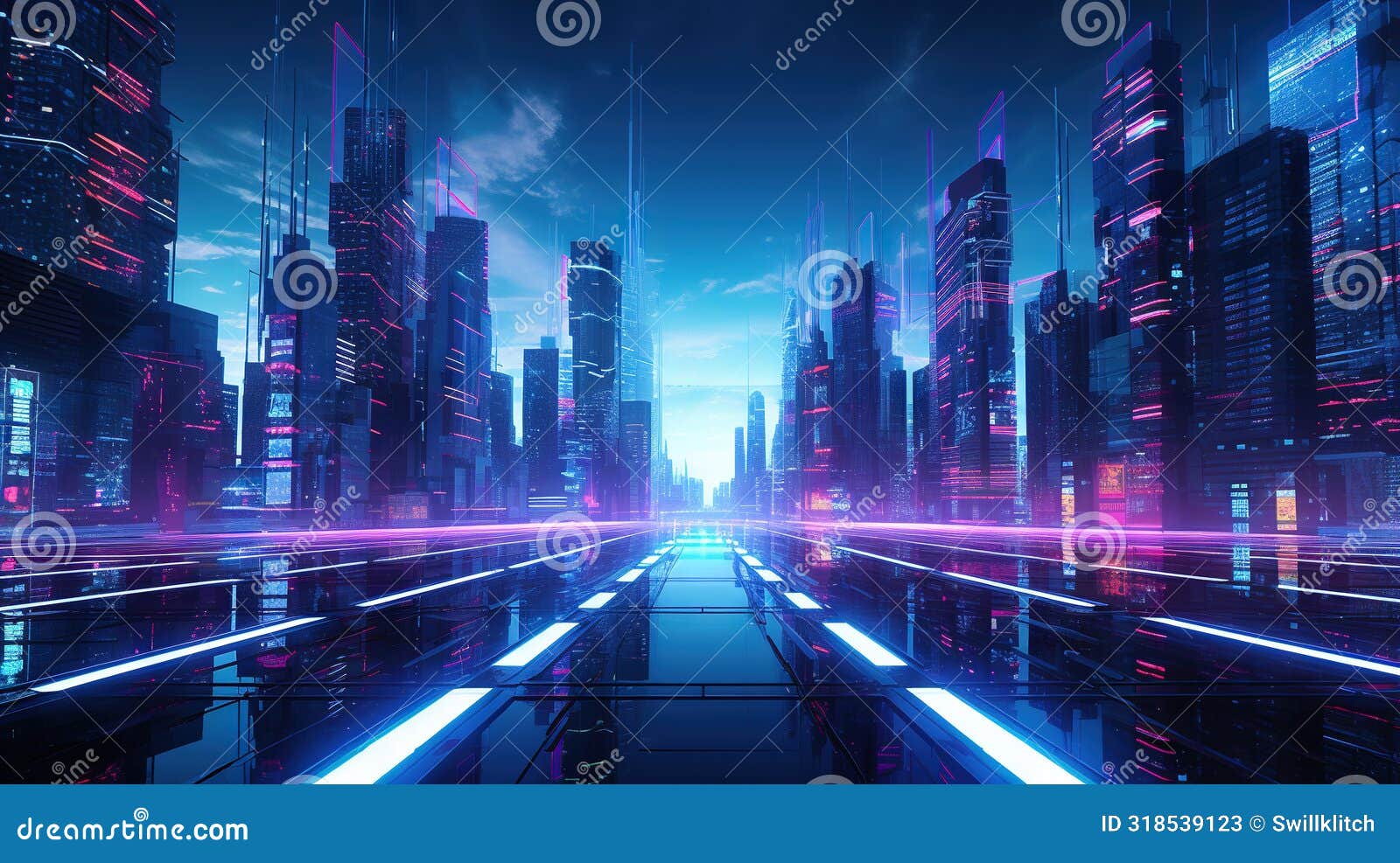 Neon Technology City Business Concept with Skyscraper Buildings and ...