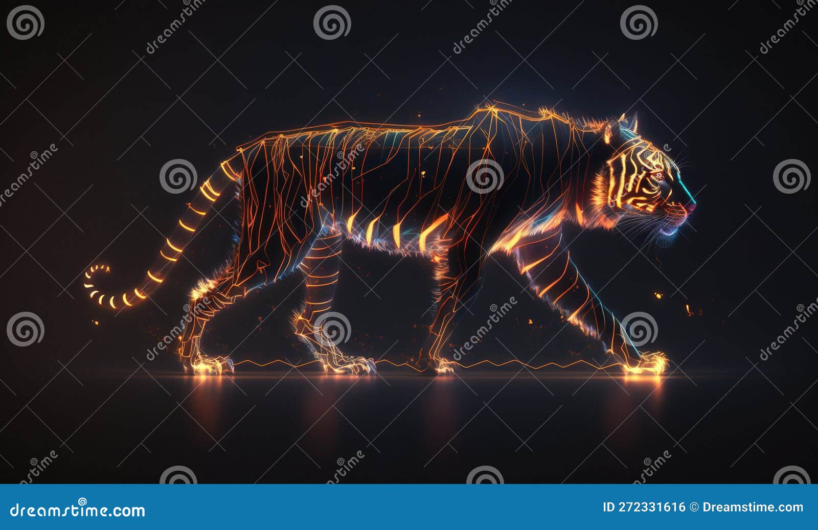 A Neon Tiger Walking Across a Dark Surface with Bright Lights Stock ...