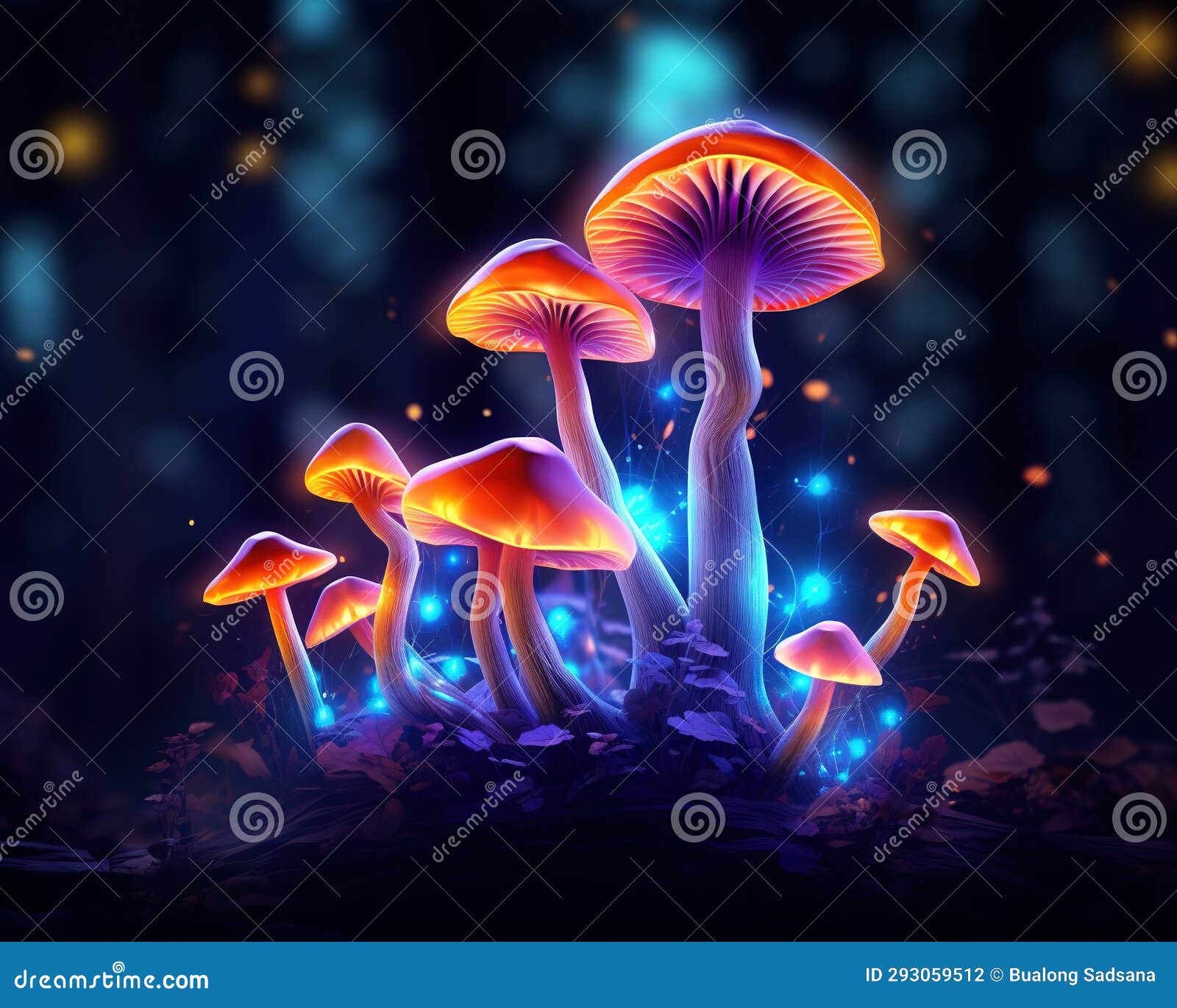 Neon Toadstools Glow in the Dark. Stock Illustration - Illustration of ...