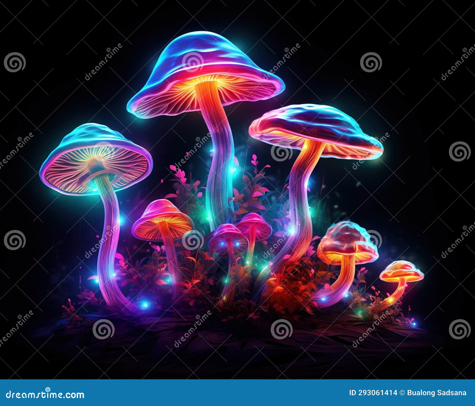 Neon Toadstools Glow in the Dark. Stock Illustration - Illustration of ...