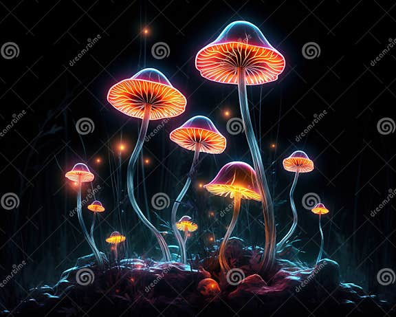 Neon Toadstools Glow in the Dark. Stock Illustration - Illustration of ...