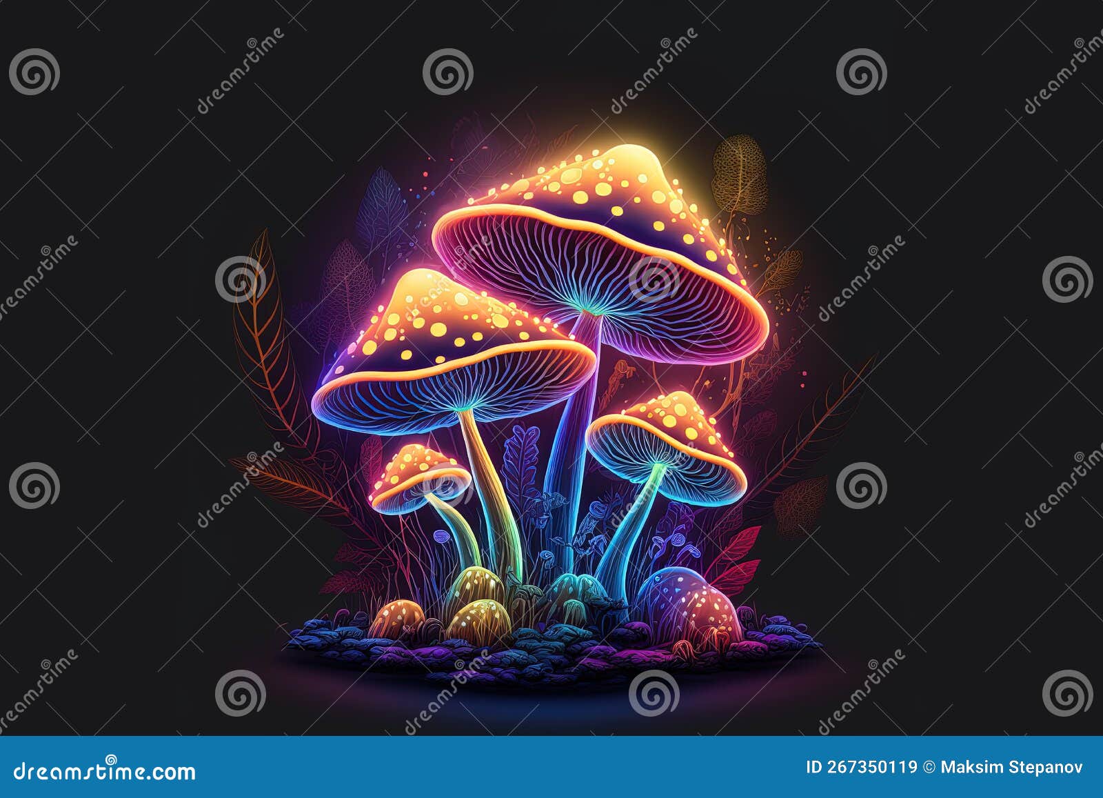 Neon Toadstools Illustration. Glowing Mushrooms on Dark Background ...