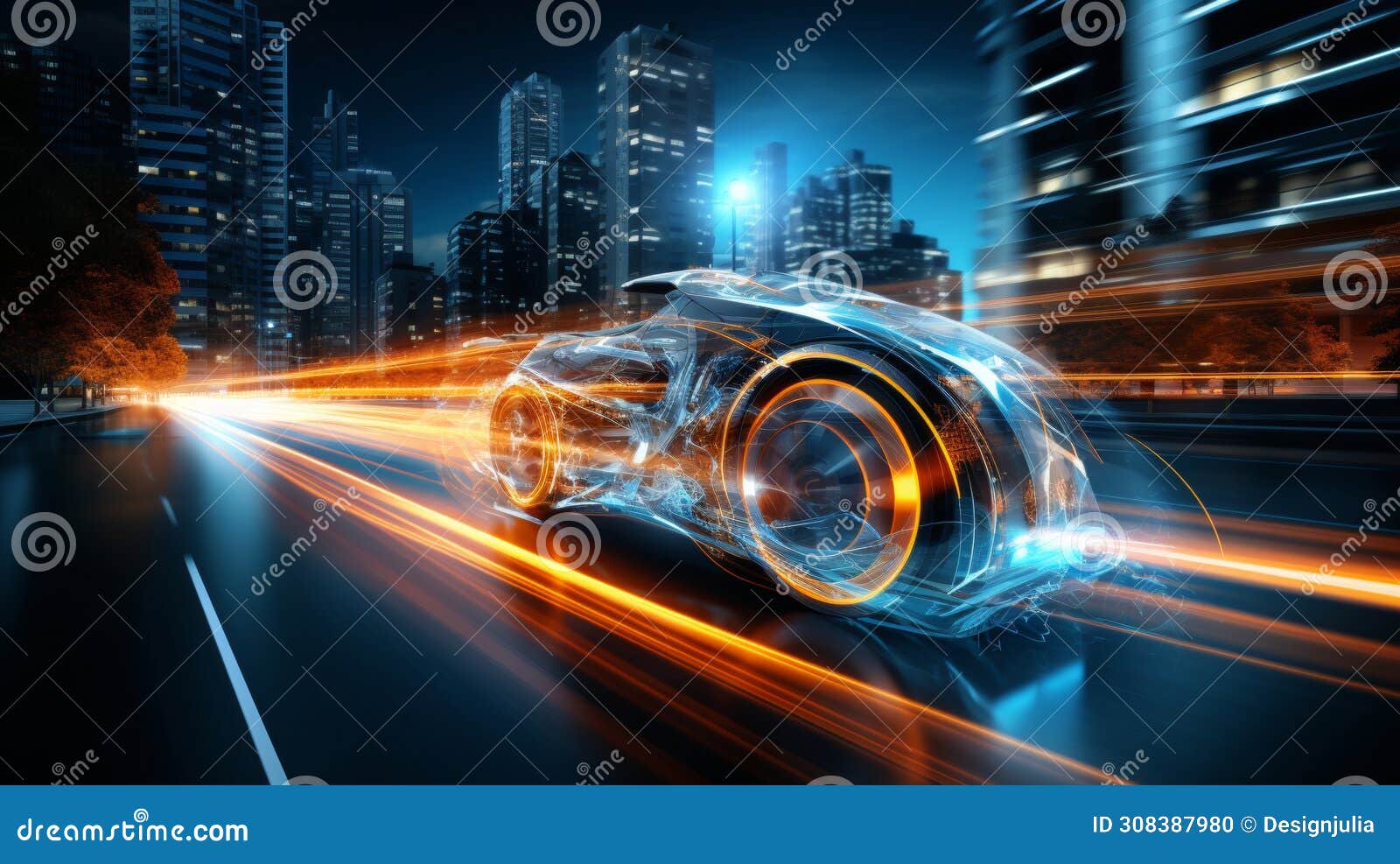 Neon Transformer Car Racing through Glowing Night Metropolis at the ...
