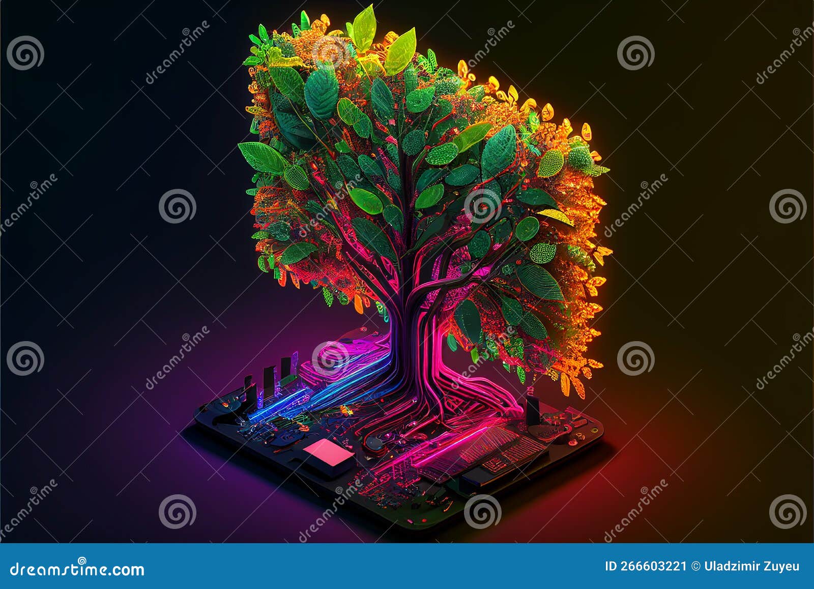 Neon Tree on a Computer Chip. Created with Generative Ai Technology ...