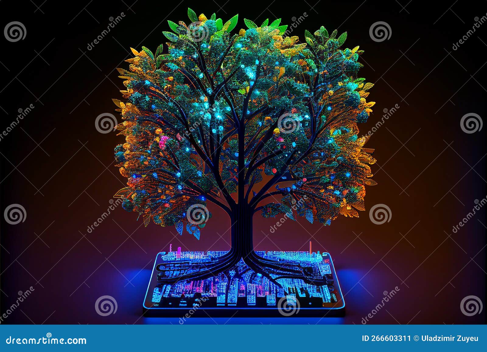 Neon Tree on a Computer Chip. Created with Generative Ai Technology ...