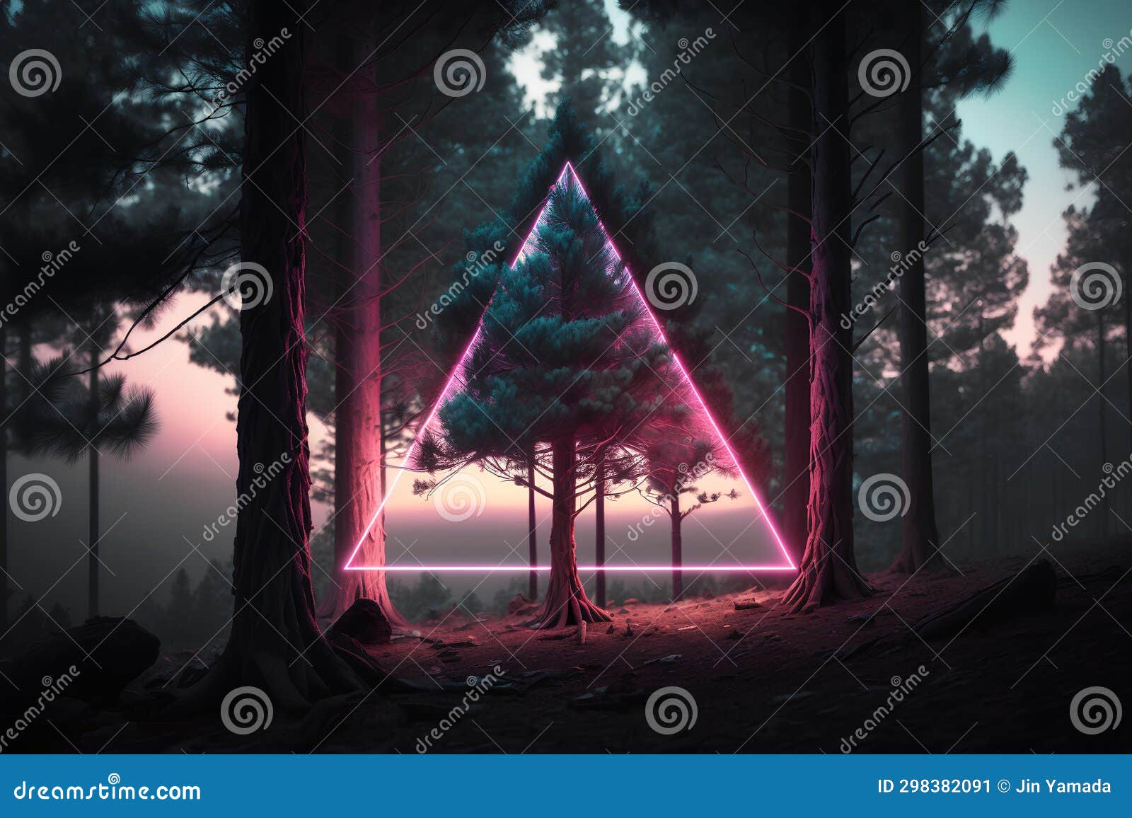 Neon Triangle in the Dark Forest. Futuristic Landscape Stock ...