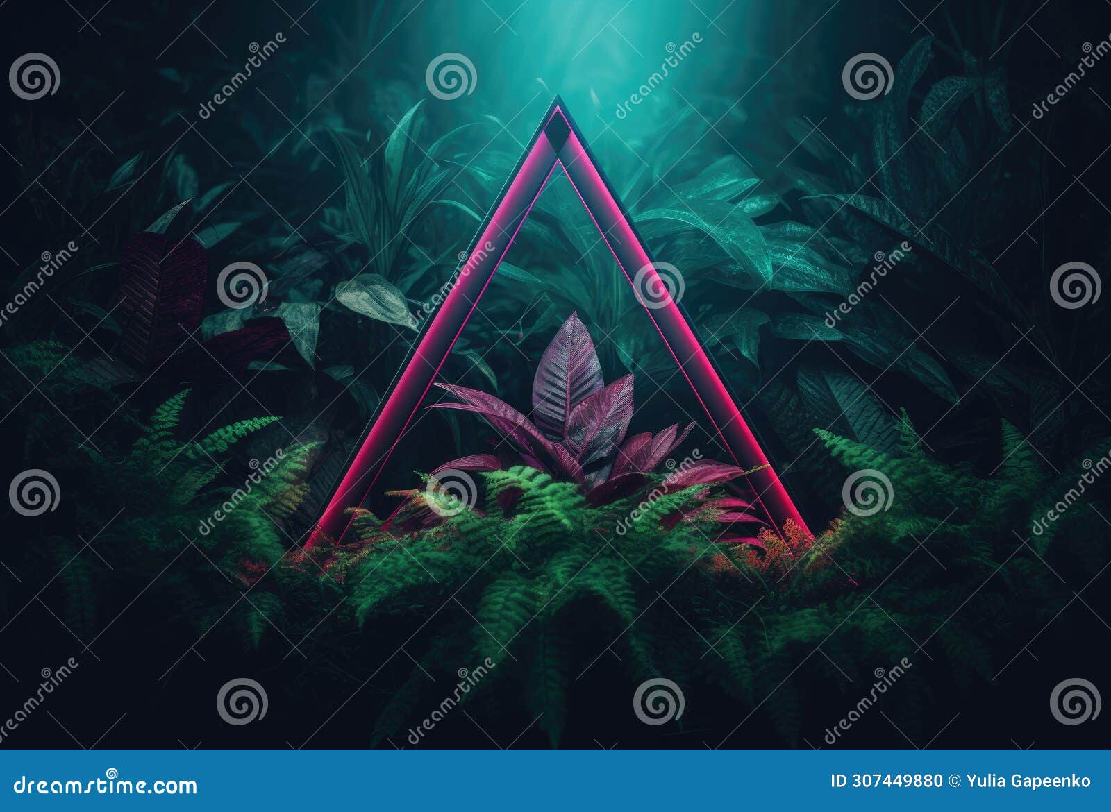 A Neon Triangle in Front of a Green Tropical Environment Stock Photo ...