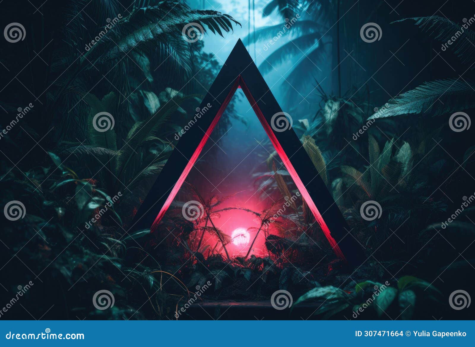 A Neon Triangle in Front of a Green Tropical Environment Stock Photo ...