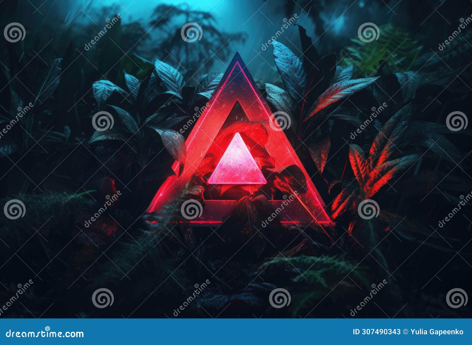 A Neon Triangle in Front of a Green Tropical Environment Stock Image ...