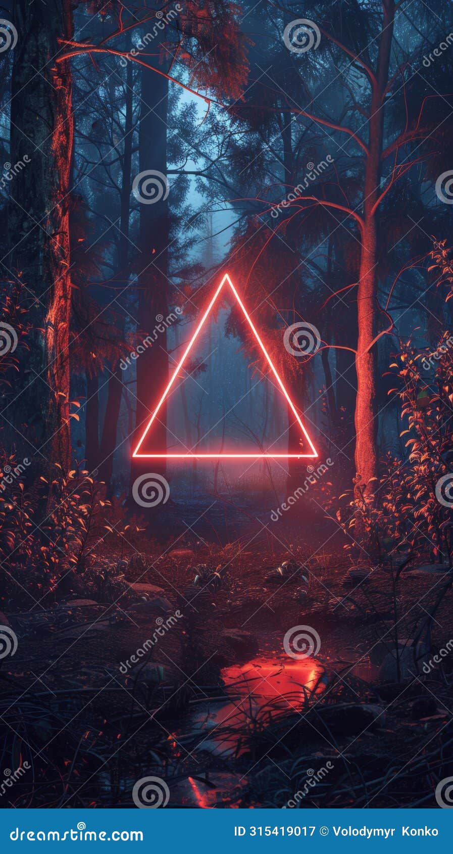 Neon Triangle Light Installation in a Mystical Forest Stock Image ...