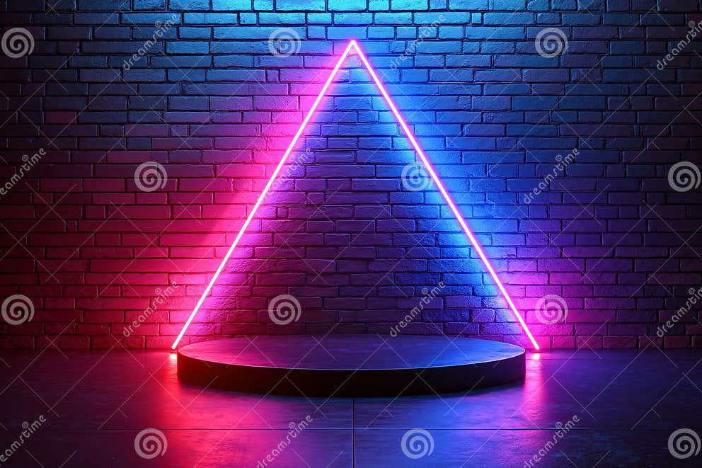 A Neon Triangle on a Stage in Front of a Brick Wall Stock Image - Image ...