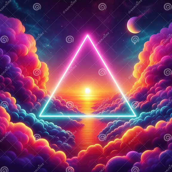 Neon Triangle with Sunset and Clouds in the Background. Stock Image ...