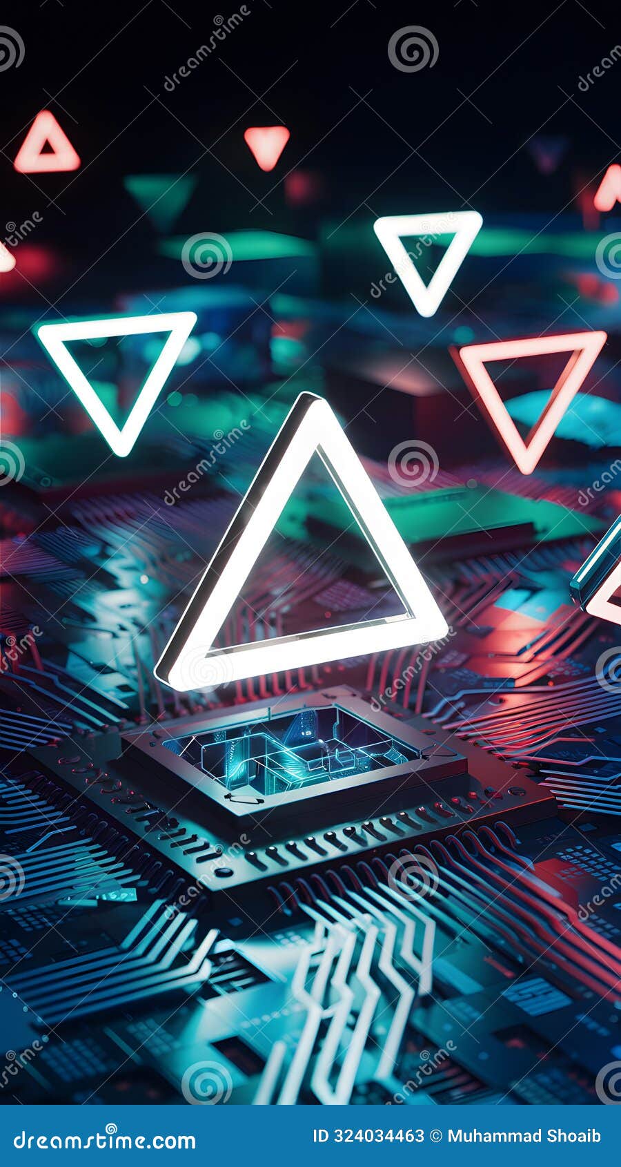 Neon Triangles Hover Above Circuit Matrix in Digital Landscape ...