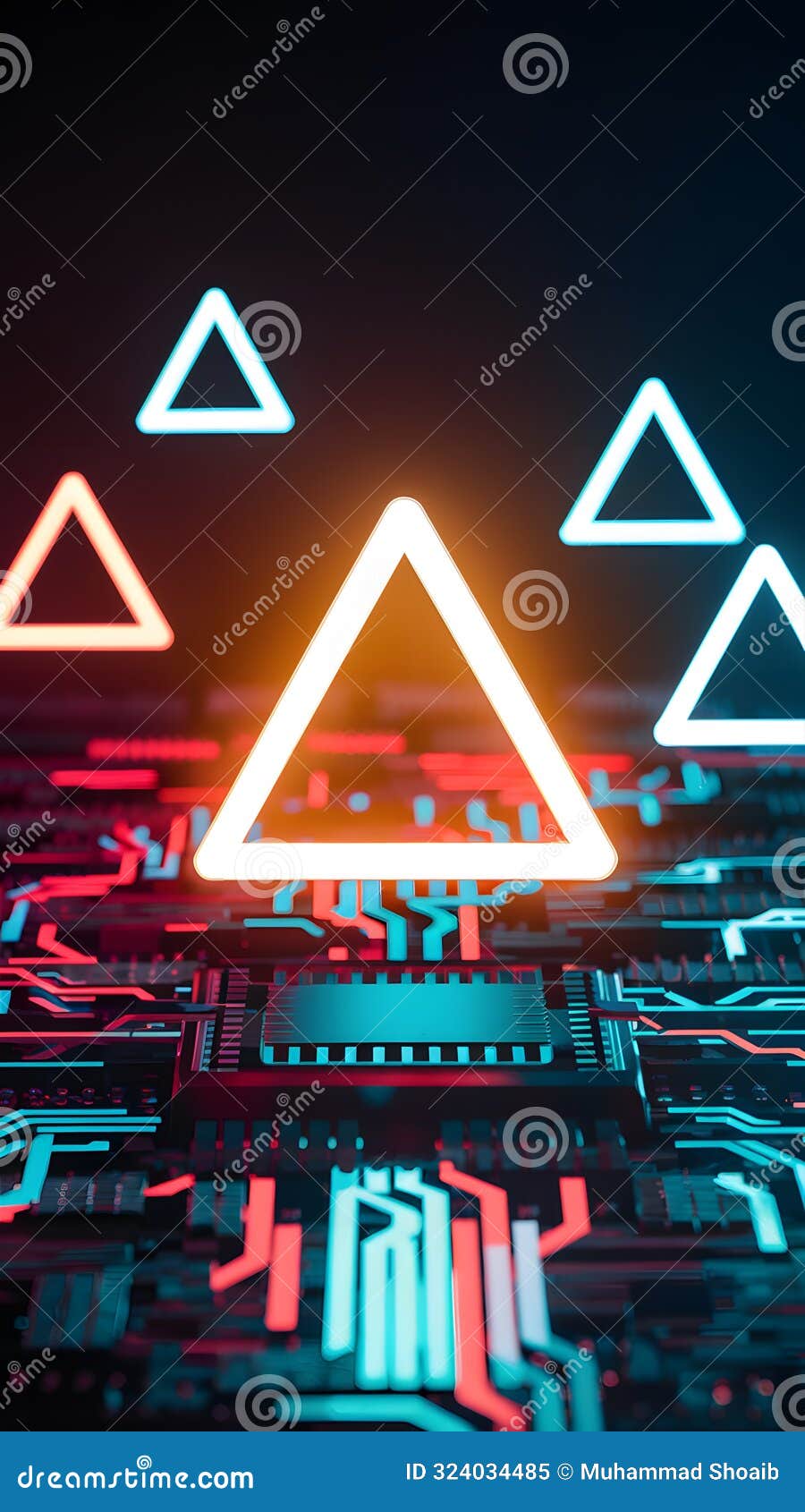Neon Triangles Hover Above Circuit Matrix in Digital Landscape ...