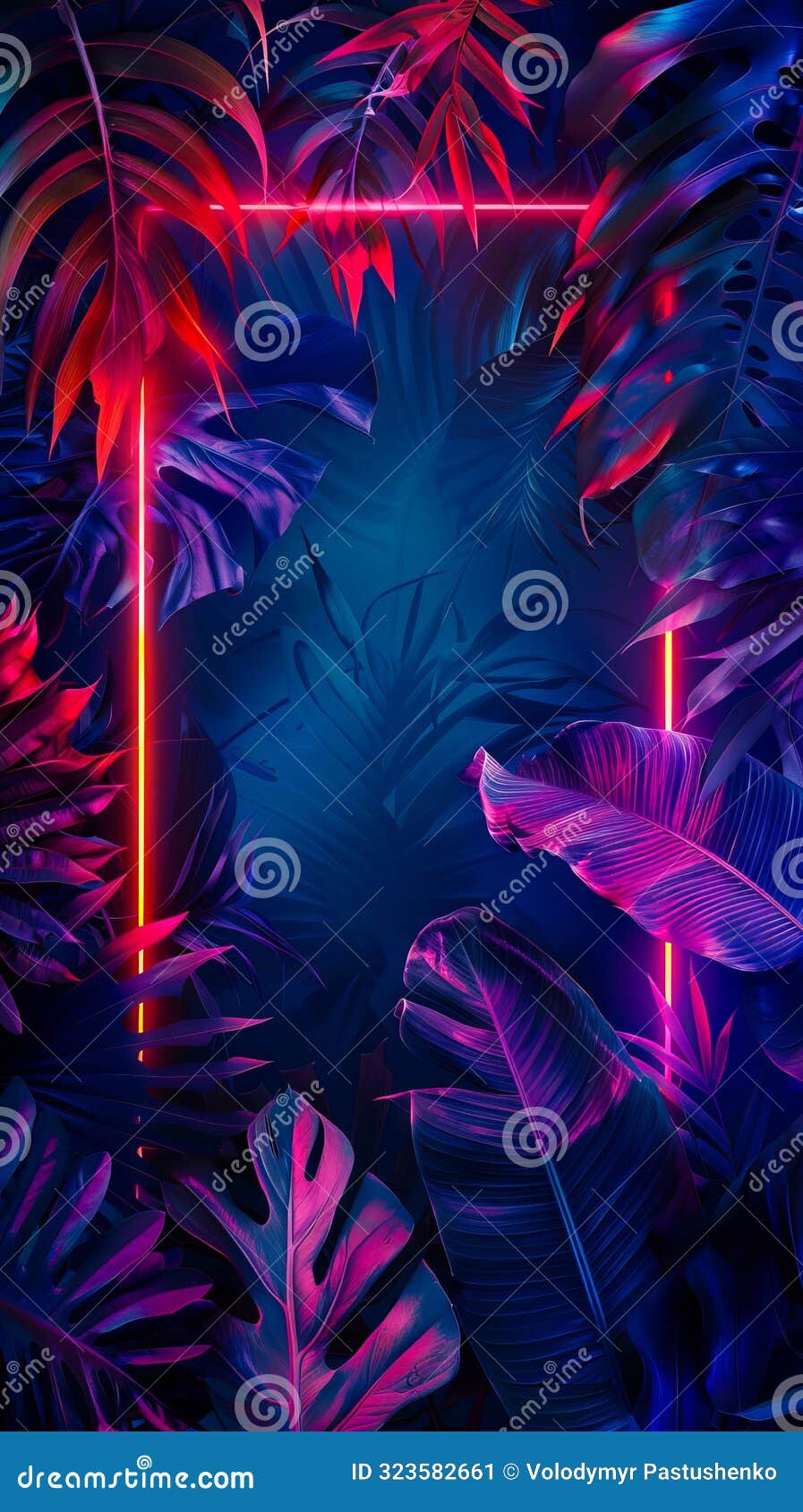 Neon Tropical Leaves Background with Square Frame Stock Image - Image ...