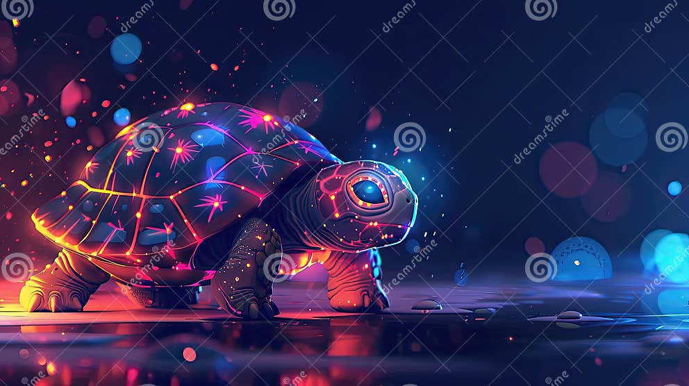 A Neon Turtle with Glowing Patterns in a Mesmerizing Underwater Scene ...