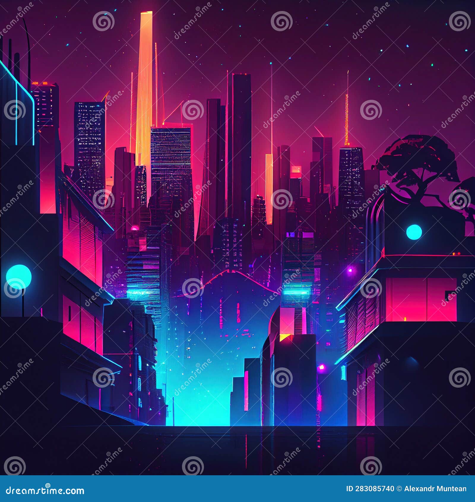 Neon Urban Cityscape at Night. Stock Illustration - Illustration of ...