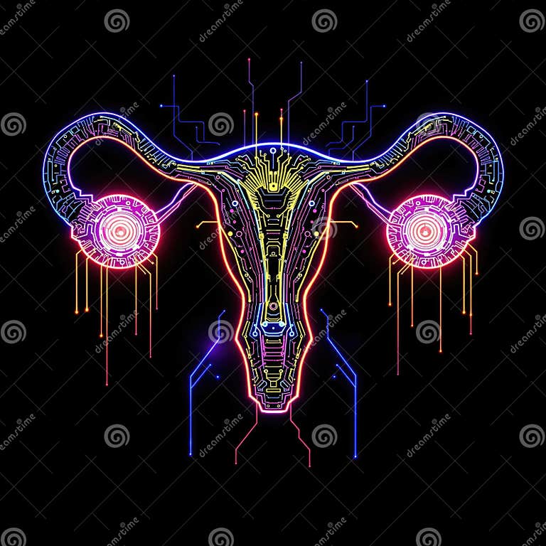Neon Uterus Design with Digital Patterns and Glowing Elements ...