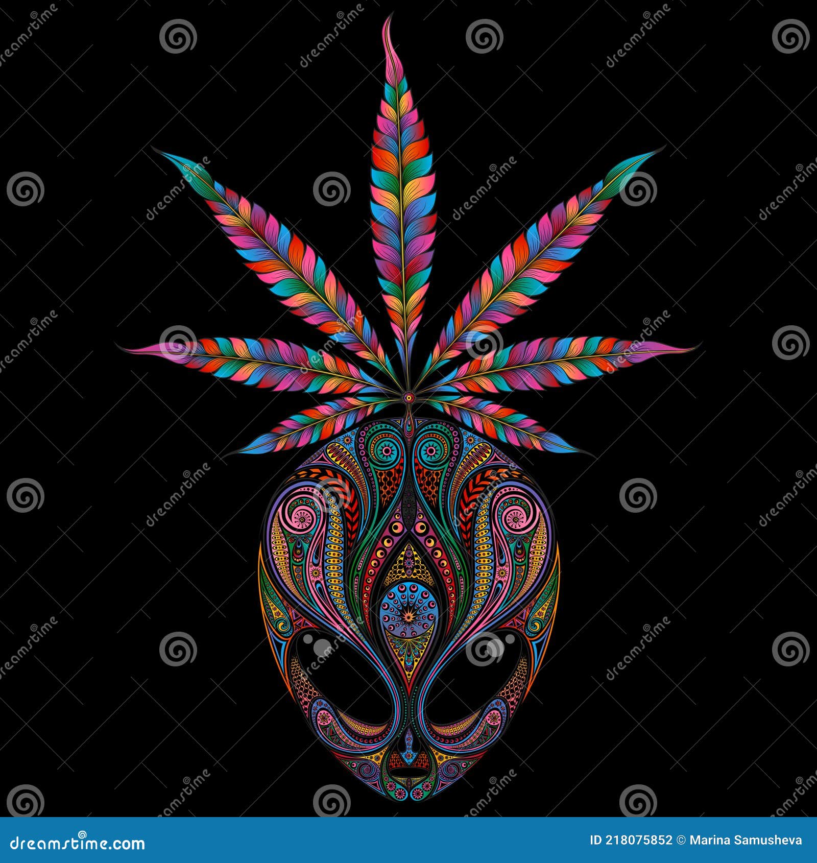 Neon Vector Alien with Marijuana Leaf on Black Background Stock Vector ...