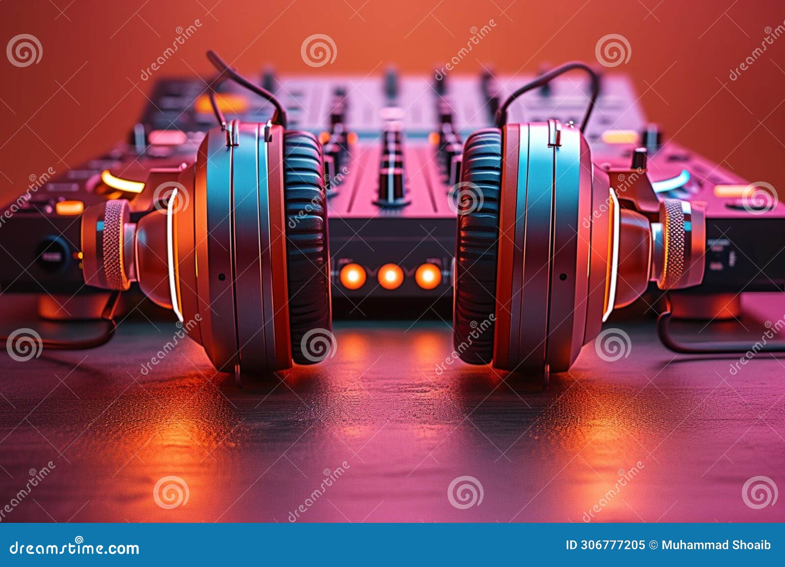 Neon Vibes DJ Setup in the Glow of Neon Lights and Spotlights Stock ...