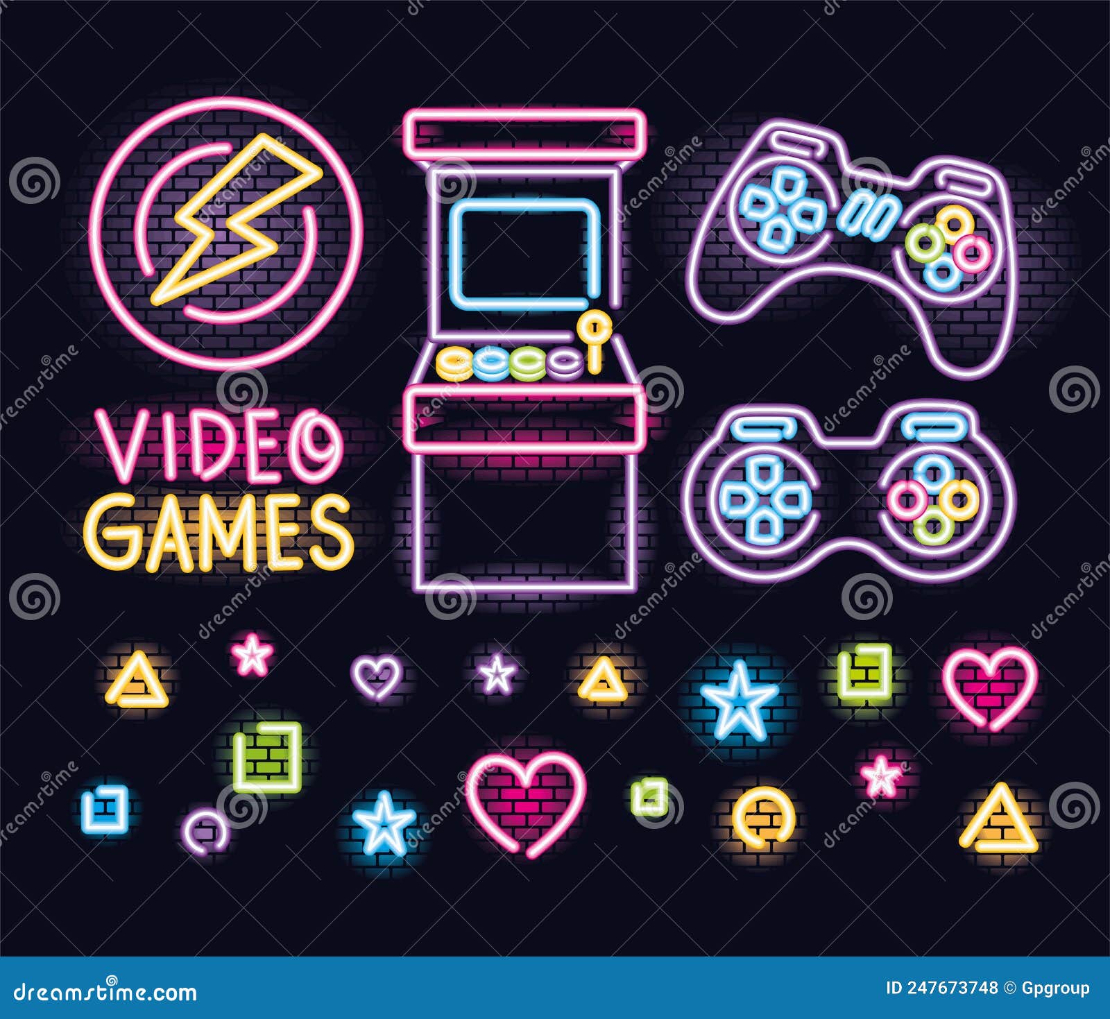 Neon video game items stock vector. Illustration of pixel - 247673748