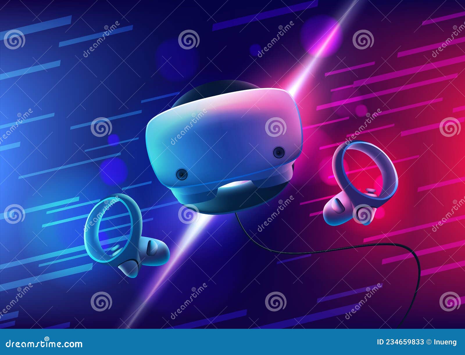 Neon Virtual Reality Headset and Controllers for Gaming. VR Helmet ...