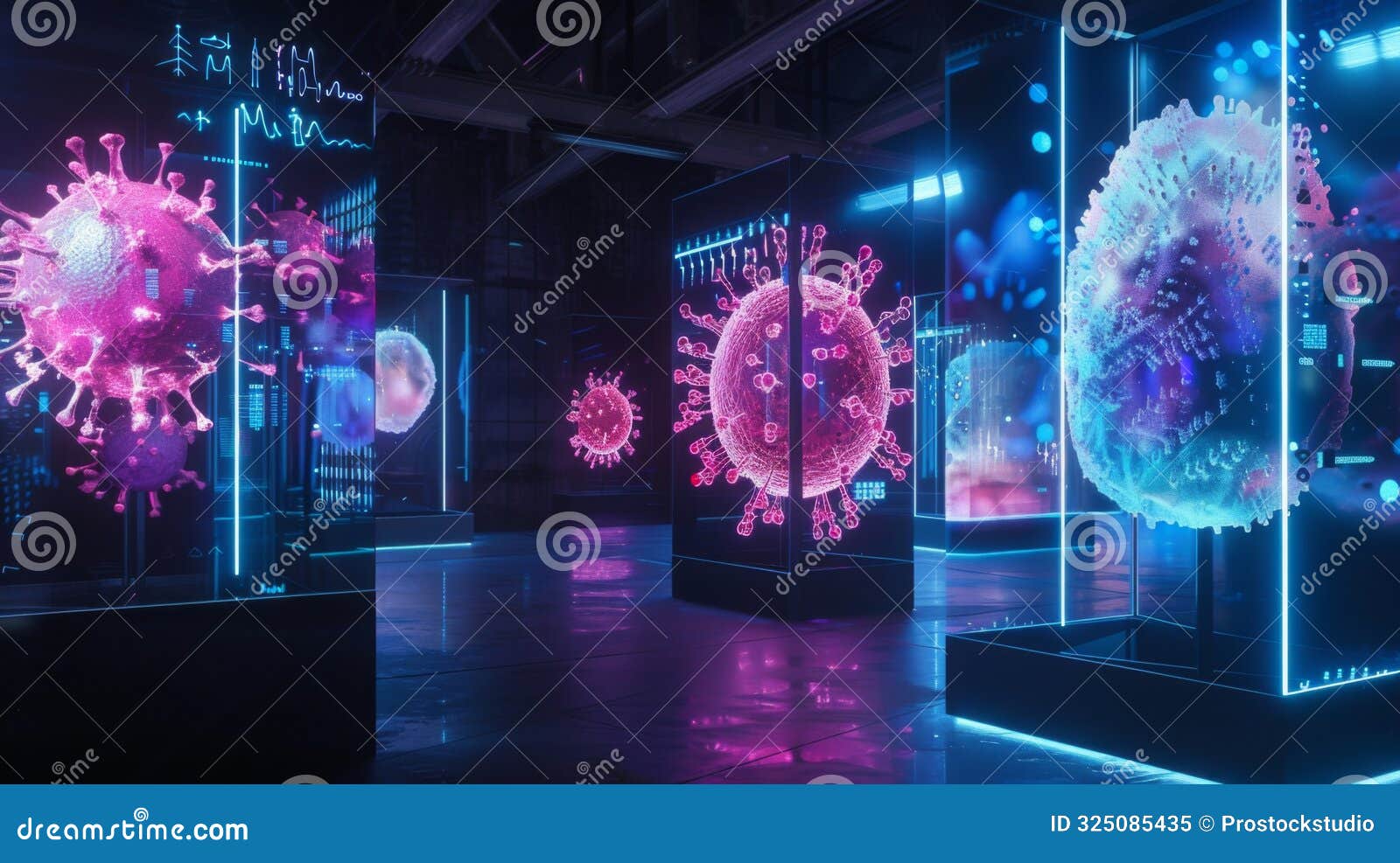 Neon Virus Models in a Futuristic Lab Stock Image - Image of ...