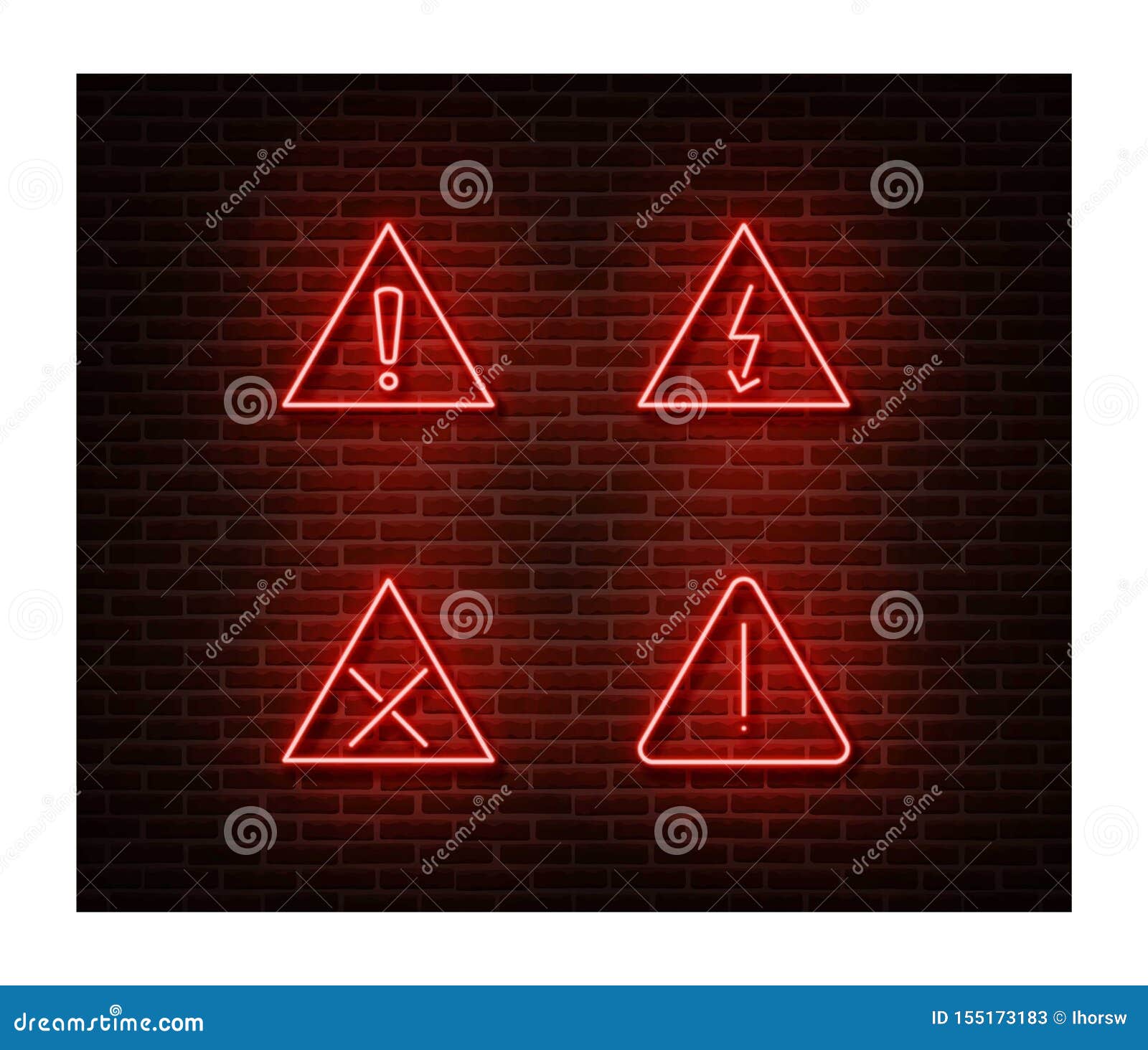 Neon Warning Signs Vector Isolated on Brick Wall. Warning Loop Light ...