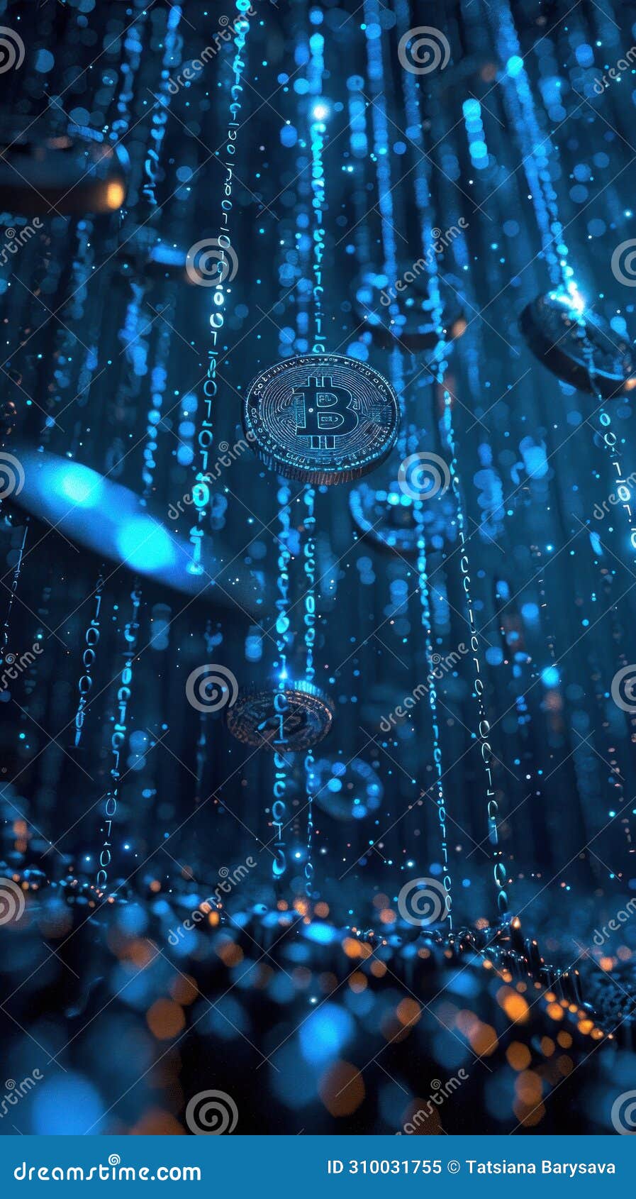The Neon Waterfall from Bitcoin with Technology Binary Code. Digital Binary Data and Secure Data ...