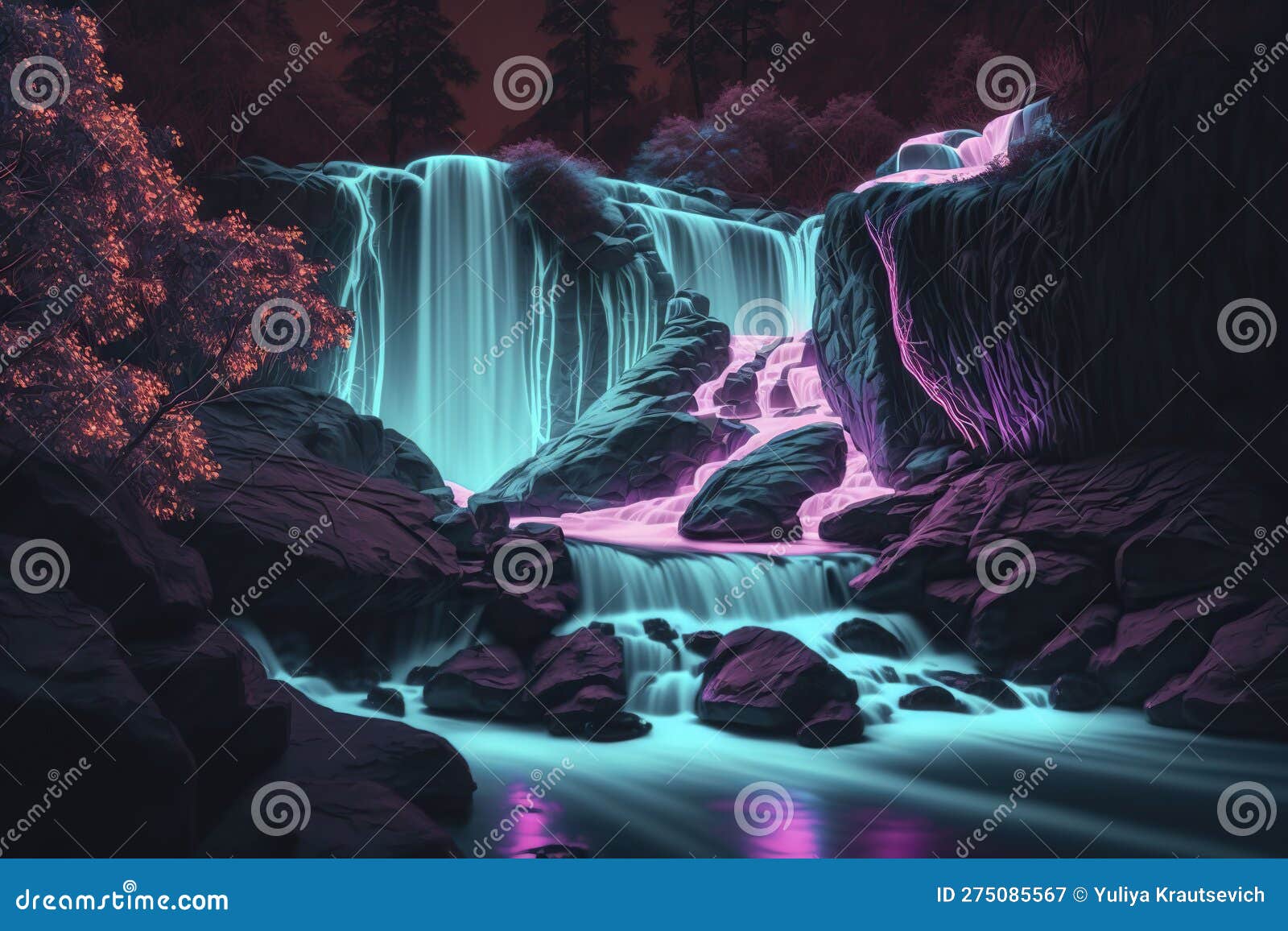 Neon Waterfall. Water Illuminated by Multicolored Light Stock ...