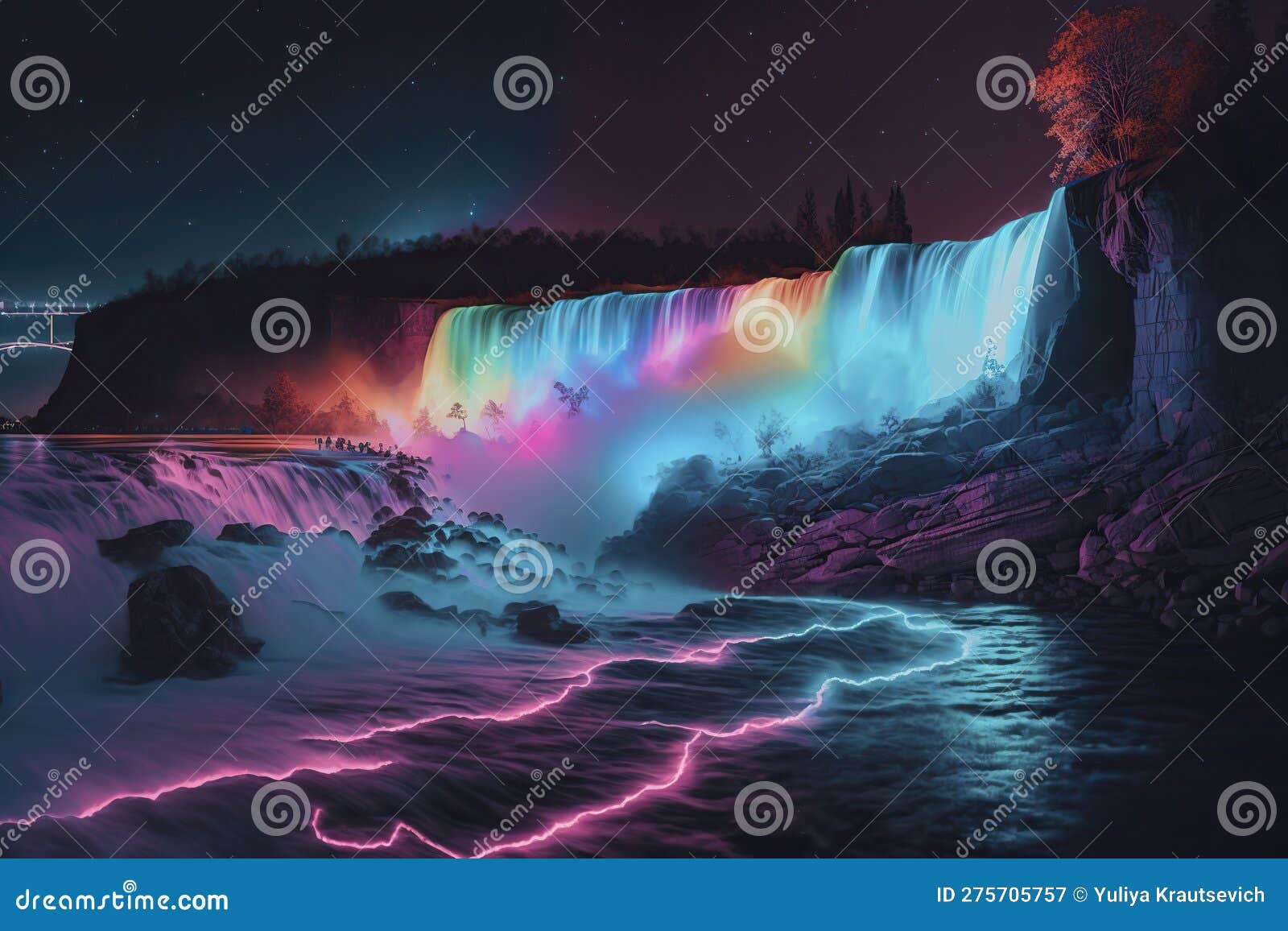 Neon Waterfall. Water Illuminated by Multicolored Light Stock ...