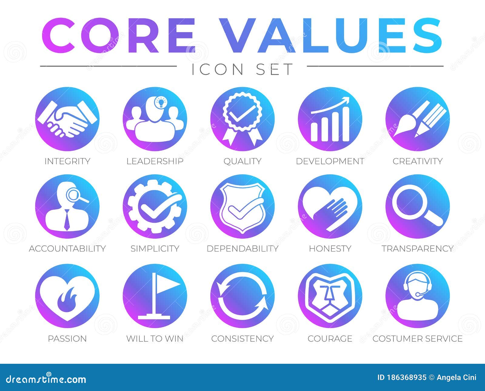 Neon Web Company Core Values Round Web Icon Set. Integrity, Leadership ...