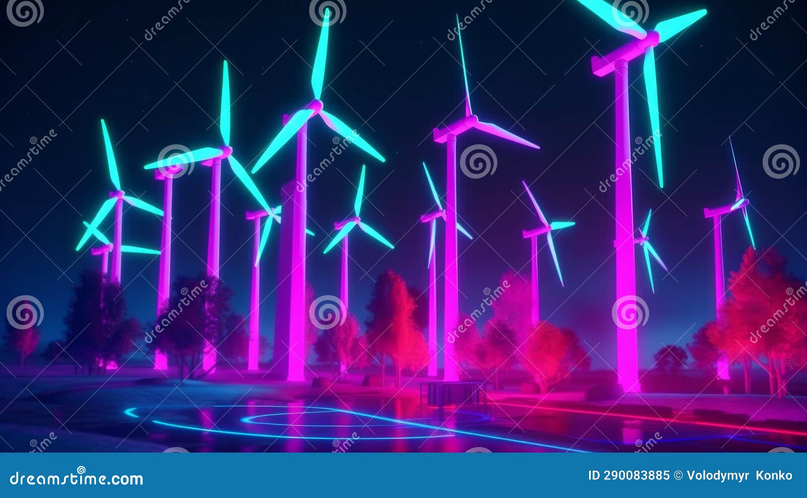 Neon Wind Turbines for Renewable Energy. Generative Ai Stock Image ...
